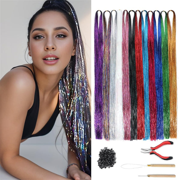 Rainbow Hair Extensions Tinsel Kit – 12 Colorful Glitter Strands