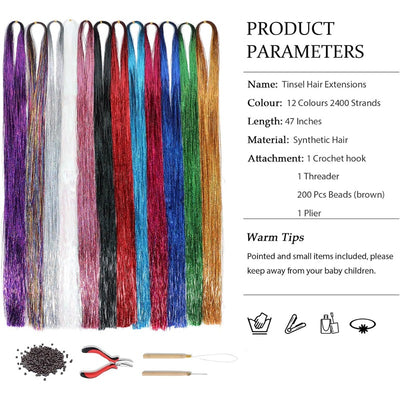 Rainbow Hair Extensions Tinsel Kit – 12 Colorful Glitter Strands