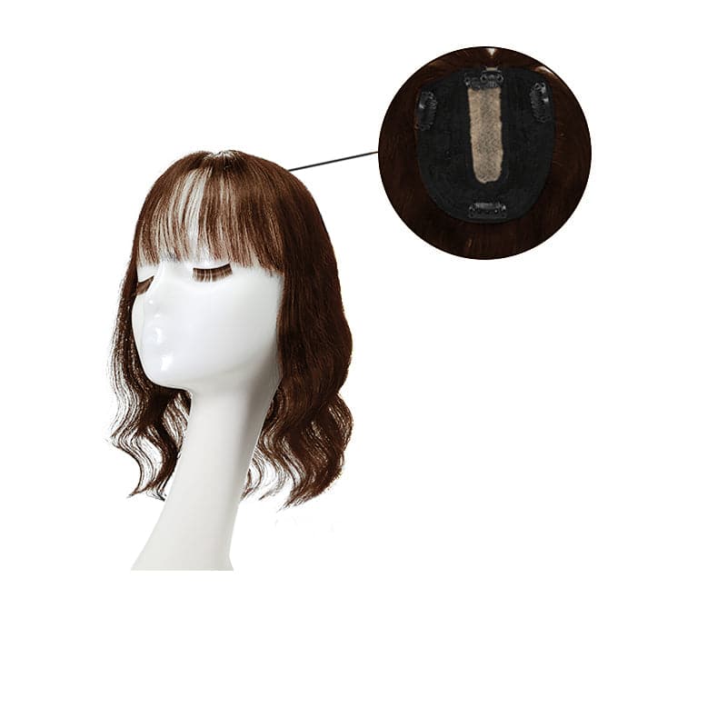 Best Wavy Human Hair Topper With Bangs Silk Base Medium Brown|E-litchi