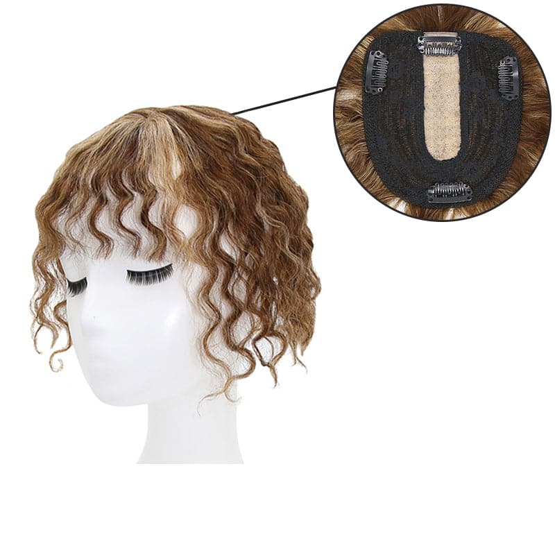 Susan | Highlight Curly Clip On Human Hair Toppers Pieces With Bangs